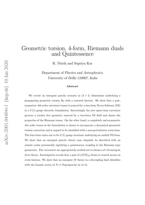 Pdf Geometric Torsion 4 Form Riemann Duals And Quintessence