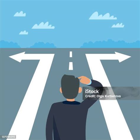 경로를 계속하기 어려운 선택 교차로 대체 생활 두 개의 반대 도로 문자 결정 옳고 그른 결정 어려운 방법 벡터 개념에 사업가 두