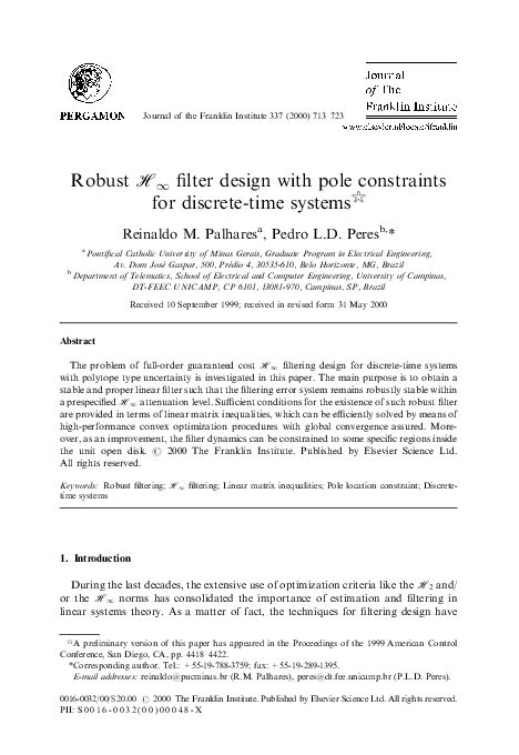 Pdf Robust H∞ Filter Design With Pole Constraints For Discrete Time Systems
