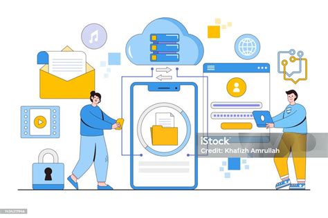팀 관리자 및 개발자 작업 개념이있는 휴대 전화 또는 스마트 폰 장치의 플랫 비즈니스 클라우드 기술 윤곽선 디자인 스타일 최소