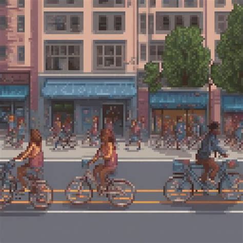 Pixel Art Depicting Cyclists Navigating A Bustling City Street Premium Ai Generated Image