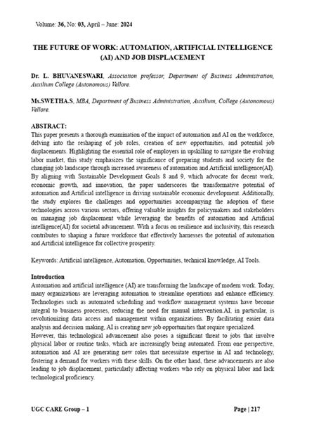 The Future Of Work Automation Artificial Intelligence Ai And Job Displacement Pdf Automation