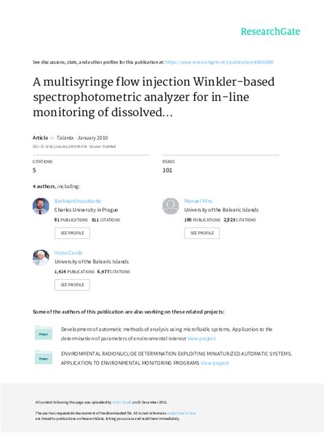 Pdf A Multisyringe Flow Injection Winkler Based Spectrophotometric Analyzer For In Line