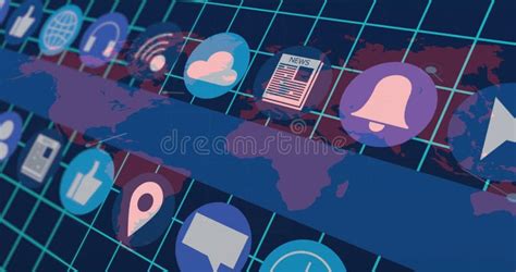 Animation Of Digital Icons And Notifications Over World Map With Grid Background Stock Video