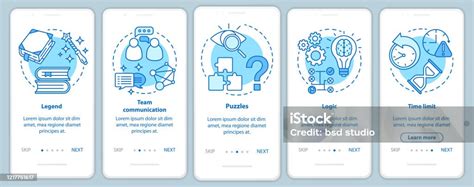 선형 개념으로 방 청록색 온보딩 모바일 앱 페이지 화면을 탈출 퀘스트 게임 팀워크 논리 5개의 연습 단계 그래픽 지침 Ux Ui 그림이 있는 Gui 벡터 템플릿 개념에 대한