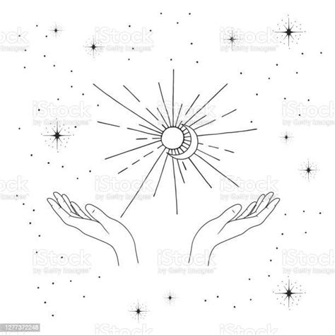 천체의 태양과 달과 여성의 손 보헤미안 스타일의 별과 인간의 팔 난교 인쇄 고대의에 대한 스톡 벡터 아트 및 기타 이미지 고대의 그래픽 프린트 그리기 Istock