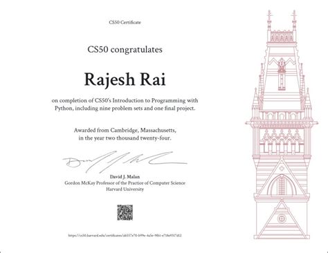Introduction To Programming With Python Certificate From Cs50 Rajesh R