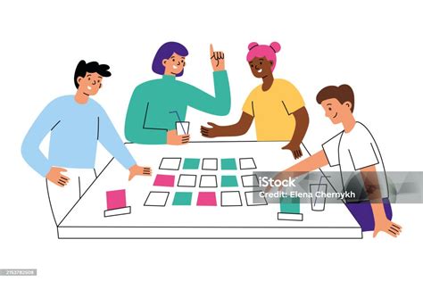 카드로 보드 게임을하는 친구들 팀은 코드 단어 경쟁 게임을 추측합니다 테이블에서 만화 사람들과 함께 손으로 그린 구성입니다 가족 여가 활동의 벡터 그림 보드게임에 대한 스톡