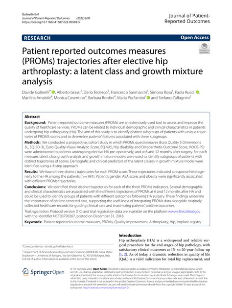 Pdf Patient Reported Outcomes Measures Proms Trajectories After Elective Hip Arthroplasty A