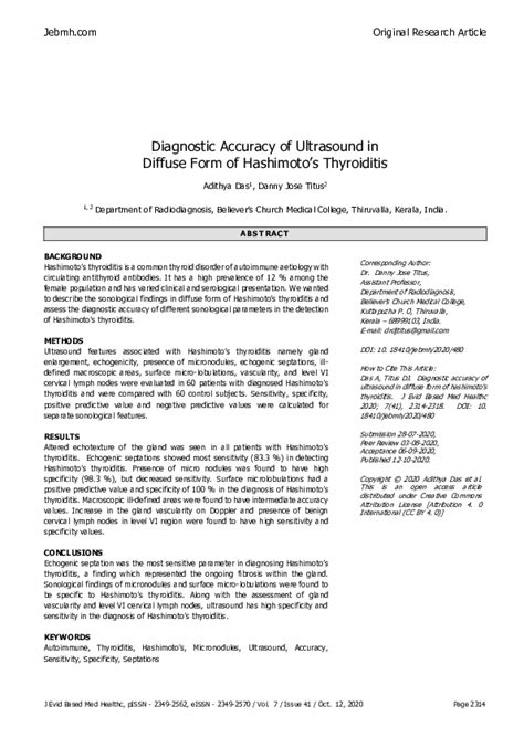Pdf Diagnostic Accuracy Of Ultrasound In Diffuse Form Of Hashimotos Thyroiditis