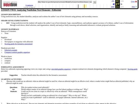 Analyzing Nonfiction Text Elements Editorials Lesson Plan For 8th 12th Grade Lesson Planet
