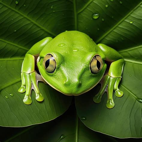 Premium Photo Top View Of Green Tree Frog On Leaf Ai Generated