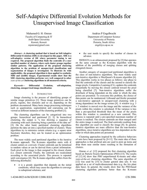 PDF Self Adaptive Differential Evolution Methods For Unsupervised Image Classification