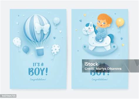 파란색 배경에 만화 소년 말 열기구 및 헬륨 풍선이있는 베이비 샤워 초대장 세트 그것은 소년입니다 벡터 일러스트 레이 션 남자 아기에 대한 스톡 벡터 아트 및 기타 이미지