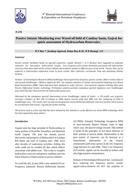 Pdf Passive Seismic Monitoring Over Wavel Oil Field Of Cambay