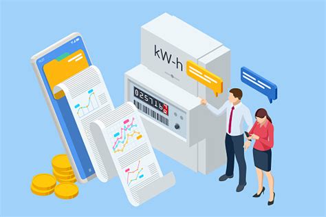 아이소메트릭 송장 및 전기 계량기 공과금 지불 전기 소비 비용 유틸리티 및 전기 요금을 온라인으로 지불하는 사람들 등측투영법에 대한 스톡 벡터 아트 및 기타 이미지 Istock