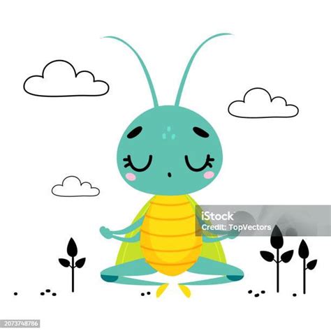 연꽃 자세로 명상하는 귀여운 메뚜기 재미 있는 곤충 만화 캐릭터 하는 요가 벡터 일러스트 건강한 생활방식에 대한 스톡 벡터 아트 및 기타 이미지 건강한 생활방식 곤충