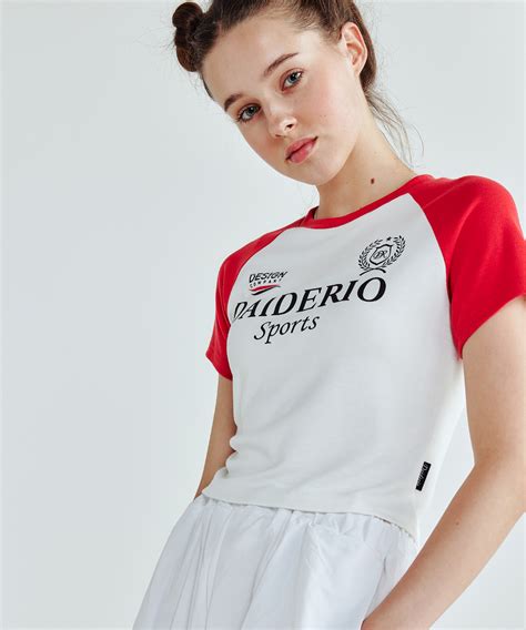 당일출고유니폼 프린팅 소매블럭 크롭 반팔 티셔츠 레드 에이블리