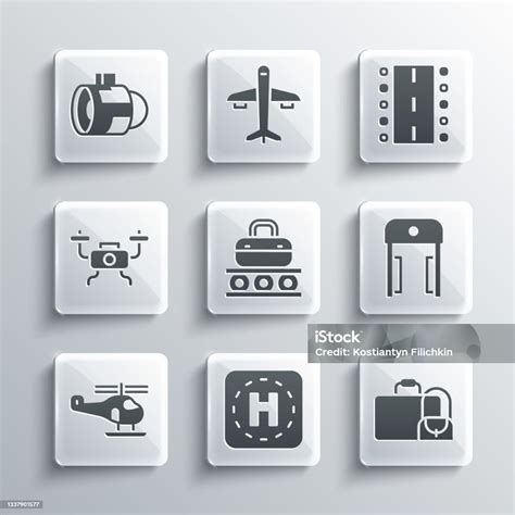 세트 헬리콥터 착륙 패드 가방 금속 탐지기 공항 가방 무인 항공기 비행 제트 엔진 터빈 및 공항 활주로 아이콘과 컨베이어 벨트 벡터 가방에 대한 스톡 벡터 아트 및 기타