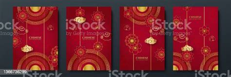 레드와 골드 행복 한 중국 새해 축제 배너 배경 디자인 중국 중국 등불 꽃 나무 기호 패턴과 빨간색과 금 배경 빨간색과 금 종이 컷 중국어 템플릿 0명에 대한 스톡 벡터