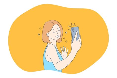 Selfie 스마트 폰 사진 벡터 일러스트 레이 션 웃는 소녀 만화 캐릭터 스마트 폰 셀카 만들기 프리미엄 벡터