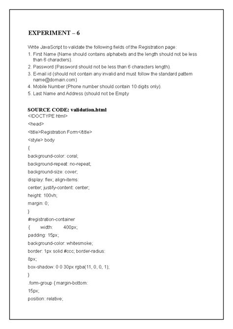Experiment 6 Team 9 Experiment 6 Write Javascript To Validate The