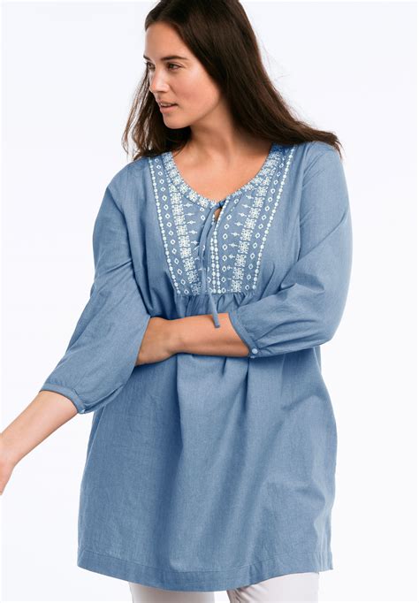 Embroidered 34 Sleeve Chambray Tunic By Ellos® Ellos