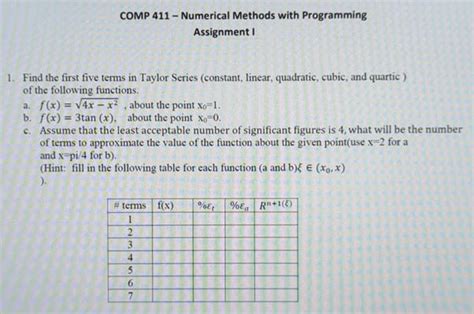 Solved Comp 411 Numerical Methods With Programming Assignment 1