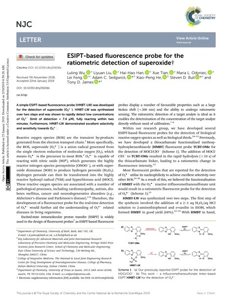 Pdf Esipt Based Fluorescence Probe For The Ratiometric Detection Of Superoxide