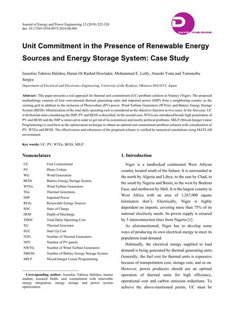 Pdf Unit Commitment In The Presence Of Renewable Energy Sources And Energy Storage System