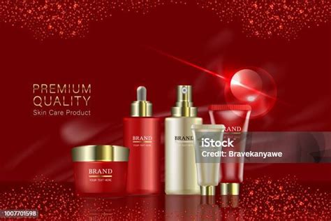 미용 제품 광고 배경으로 빨간색과 금색 화장품 용기 사용 럭셔리 스킨 케어 광고 준비 개념에 대한 스톡 벡터 아트 및 기타