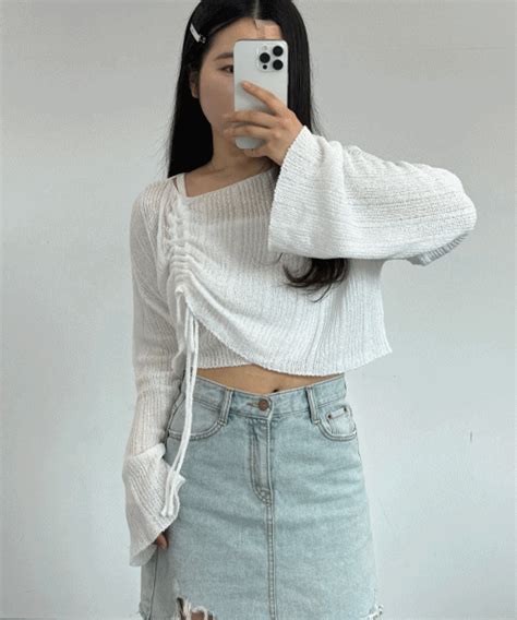 나시세트가능🖤살안타 여름 시스루 스트링 부클 세미크롭 크롭 긴팔 입술넥 니트 여름니트 니트 도리 시스루니트 에이블리