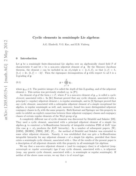 Pdf Cyclic Elements In Semisimple Lie Algebras