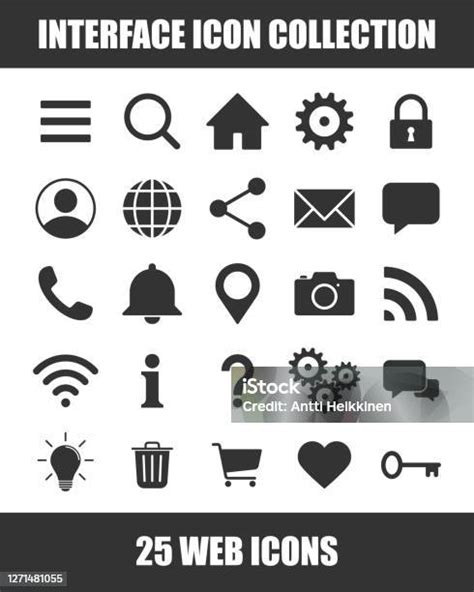 웹 응용 프로그램 인터페이스 아이콘 컬렉션입니다 벡터 기호 집합입니다 검색 홈 설정 계정 잠금 및 정보 버튼 기호 코그휠 돋보기 Wifi 및 사용자 프로필 로고 흰색 배경에
