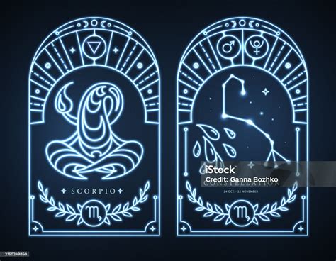 점성술 전갈 자리 조디악 사인 특성과 네온 현대 마법 마법 카드 세트 벡터 일러스트 레이 션 갈고리 발톱에 대한 스톡 벡터 아트 및 기타 이미지 Istock