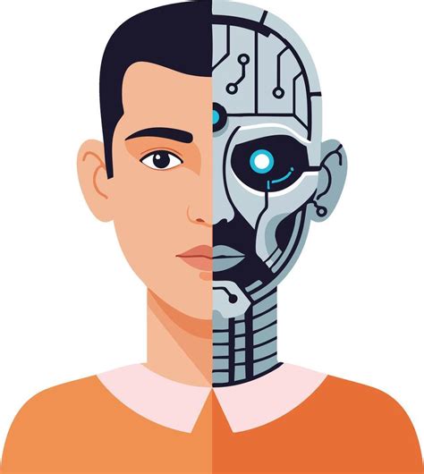Human And Robot Half Face Split Technology And Artificial Intelligence Concept Illustration