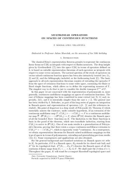 Pdf Multilinear Operators On Spaces Of Continuous Functions Ignacio