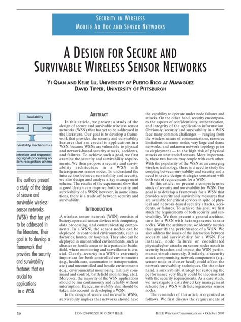 A Design For Secure And Survivable Wireless Sensor Networks 2007 Pdf Wireless Sensor