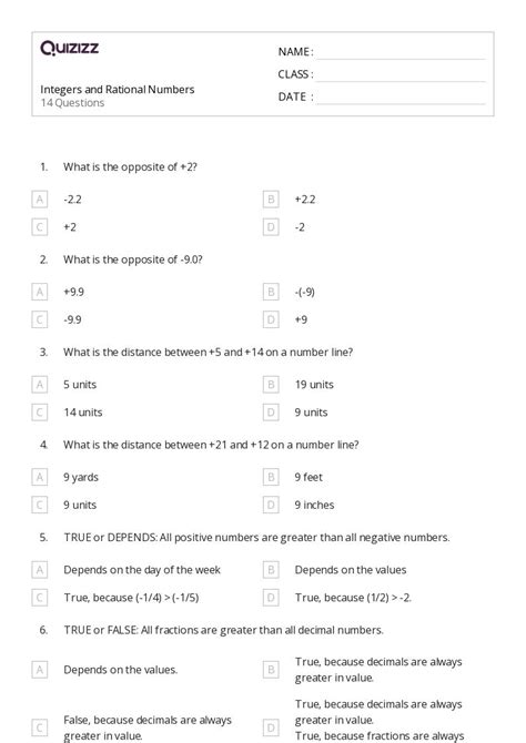 50 Integers And Rational Numbers Worksheets For 6th Grade On Quizizz Free And Printable