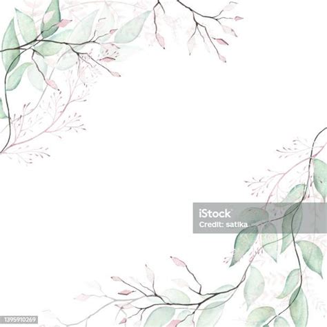 수채화는 흰색 배경에 꽃 프레임을 그렸습니다 회색 파란색 및 분홍색 가지 나뭇잎 추상적 인 얼룩 꽃 식물에 대한 스톡 벡터 아트