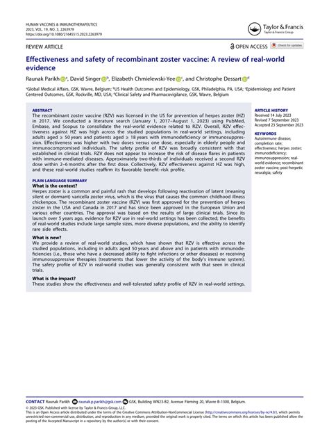 Pdf Effectiveness And Safety Of Recombinant Zoster Vaccine A Review Of Real World Evidence