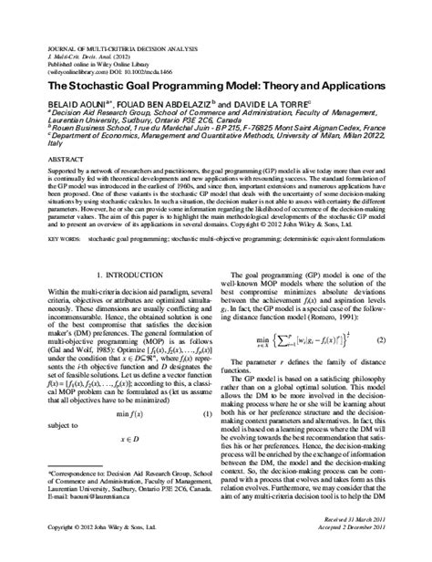 Pdf The Stochastic Goal Programming Model Theory And Applications