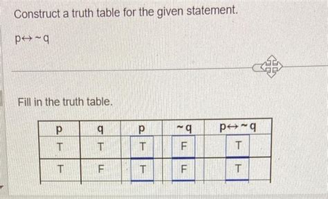 solved construct a truth table for the given statement p↔∼q