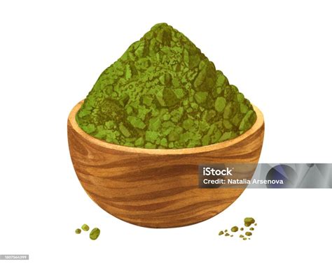 나무 그릇에 담긴 말차 가루와 녹차 잎 손으로 그린 만화 그림 흰색 배경에 고립되어 있습니다 웹 디자인 메뉴 앱 광고를 위한 마른 잎 향기로운 음료 가루로 빻은에 대한 스톡