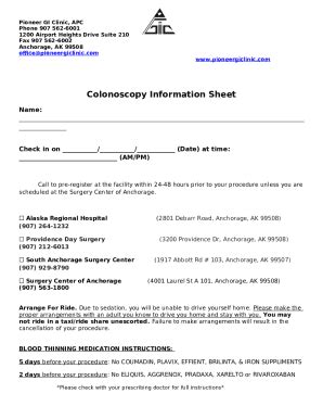 COLONOSCOPY CHECKLIST Instructions Doc Template PdfFiller