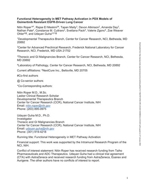 Pdf Functional Heterogeneity In Met Pathway Activation In Pdx Models Of Osimertinib Resistant