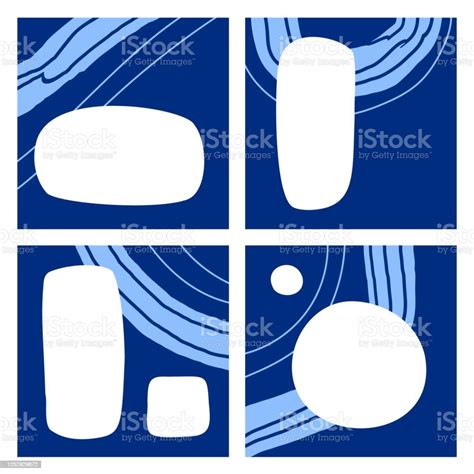 텍스트 공간이 있는 4개의 사각형 파란색 배경 집합입니다 텍스트에 대한 흰색 추상적 인 모양과 파란색 배경에 혼란 시안 얼룩 현대 현대 트렌디 한 벡터 일러스트 복사 공간