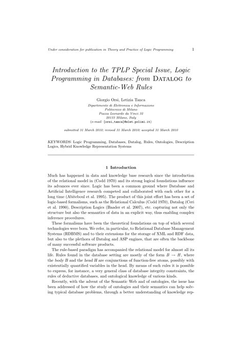 Pdf Introduction To The Tplp Special Issue Logic Programming In