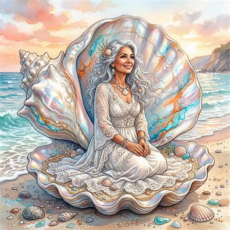 Elegant Sea Shell Art With Silver Haired Beauty Ai Art Generator