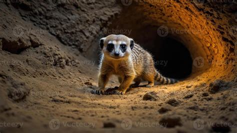 A Curious Meerkat Exploring Its Underground Burrow Surrounded By Sandy